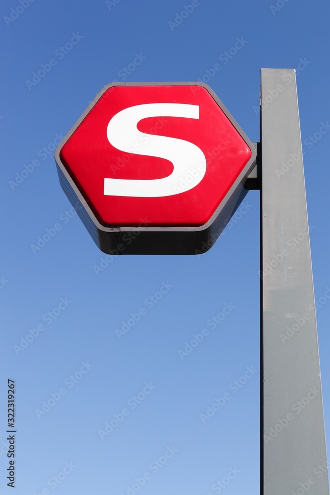Copenhagen, Denmark - April 2, 2019: The Copenhagen S-train sign on a ...