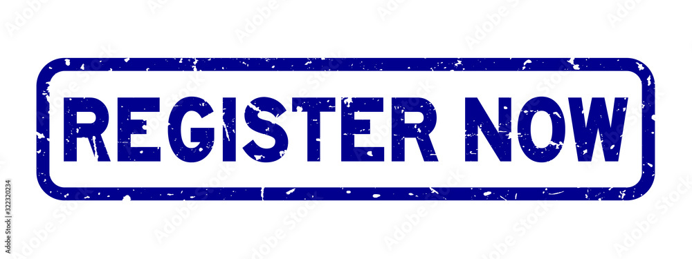 Grunge blue register now word rubber seal stamp on white background ...