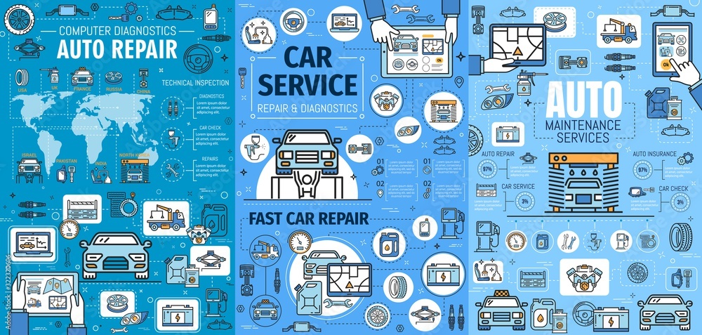 Car service, auto repair, maintenance and diagnostics vector ...
