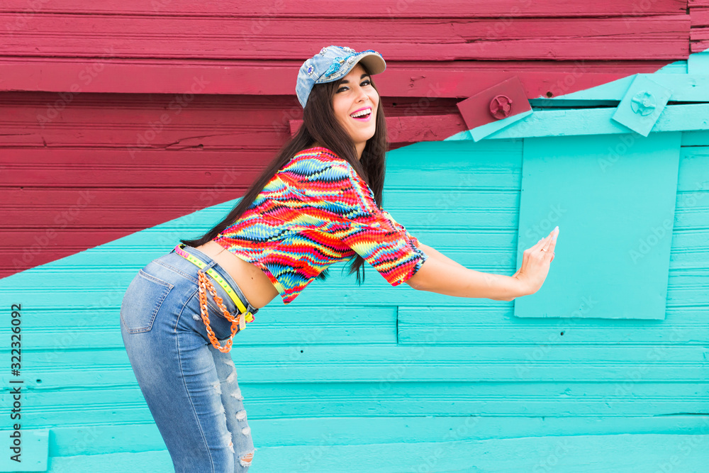 Street shaabi dance and urban dancer concept - Cheerful belly dancer ...