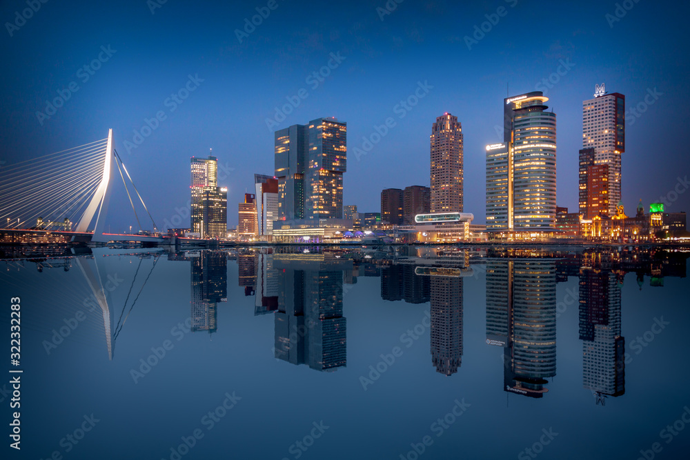 Rotterdam city skyline. Beautiful mirror reflection of the most famous ...