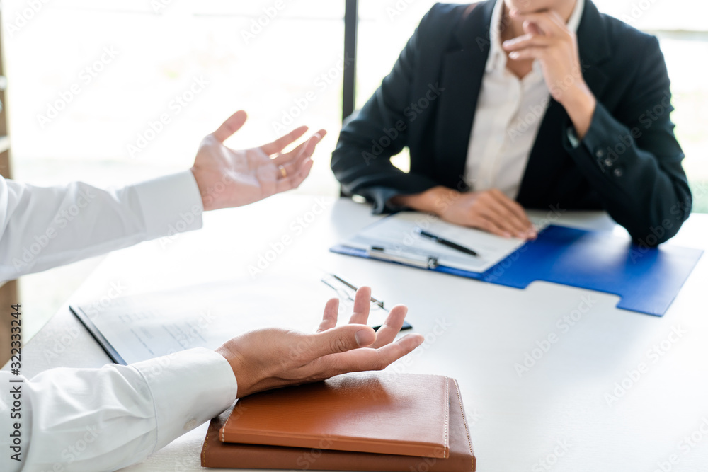 Interview job concept, attractive candidate job seeker in suit answers ...