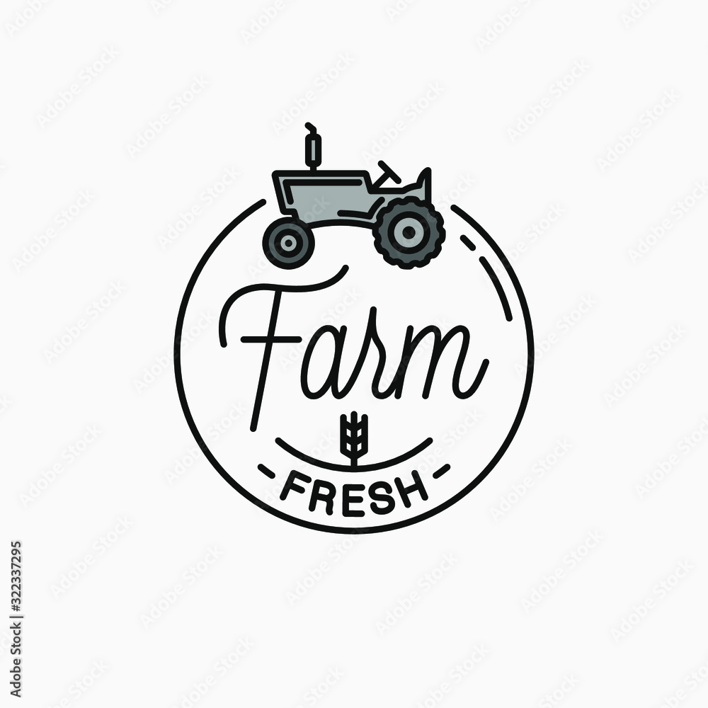 Farm fresh logo. Round linear logo of farm tractor on white background ...
