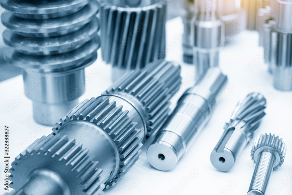 The close-up scene of various type of the pinion gear parts shaft in ...