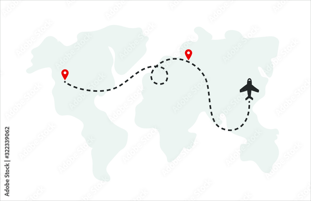 World map with airplane, flight routes and pins. Vector illustration ...