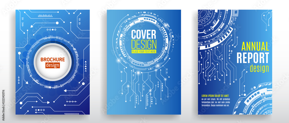 Abstract technology cover with various techno elements. High tech ...