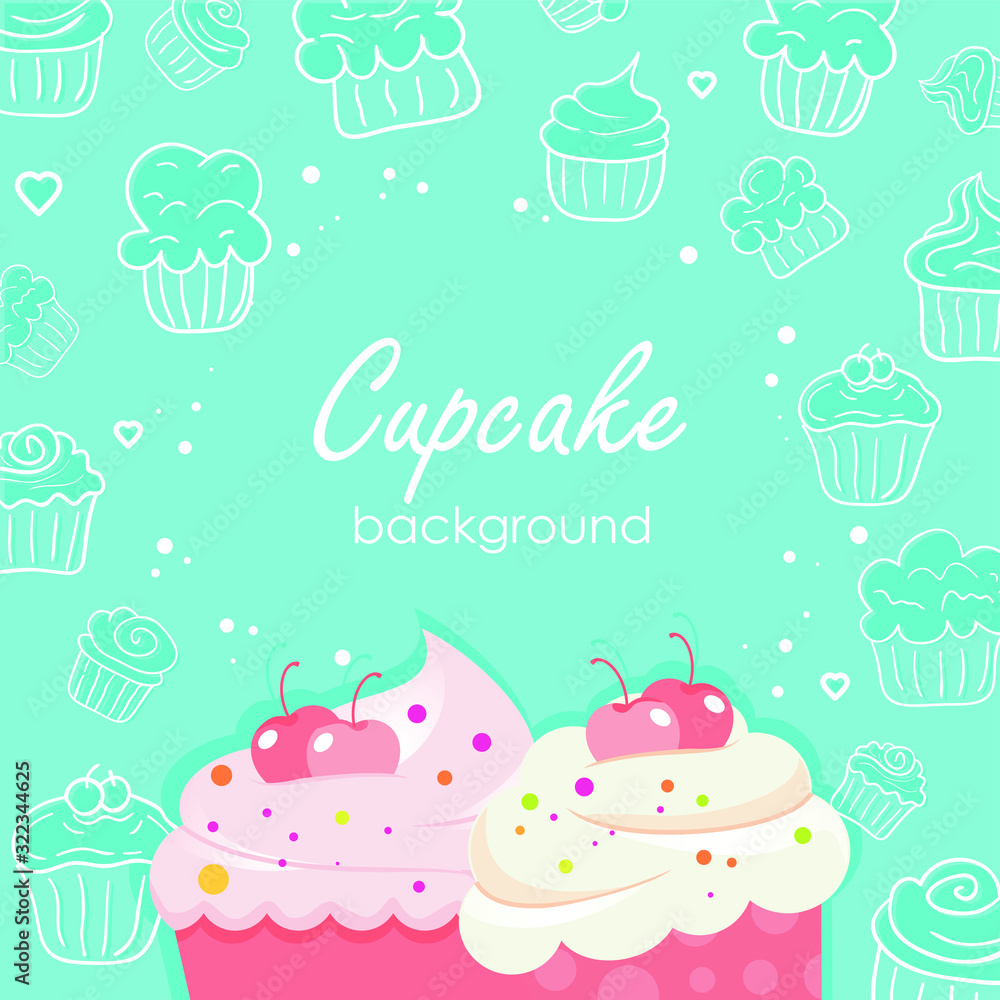 Cupcakes poster background. green background with white hand drawn of ...