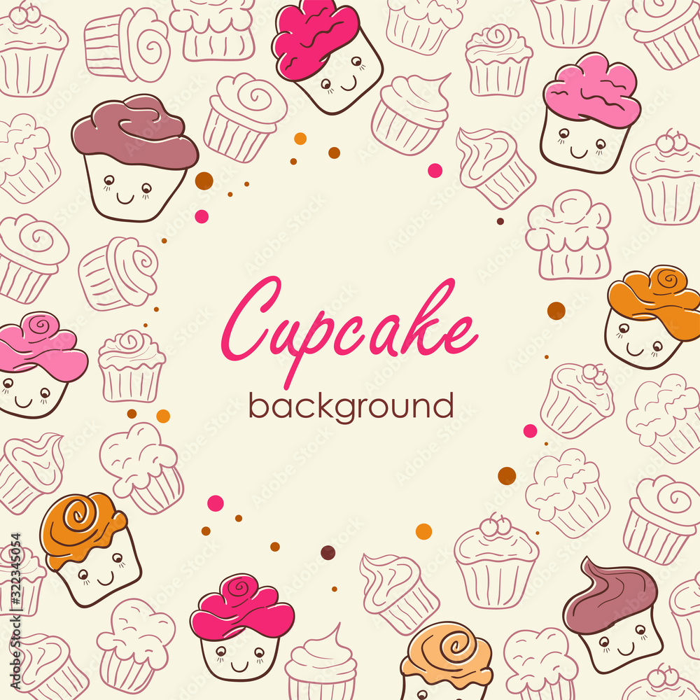 Doodle Cupcakes background with hand drawn outline, colorful cream and ...