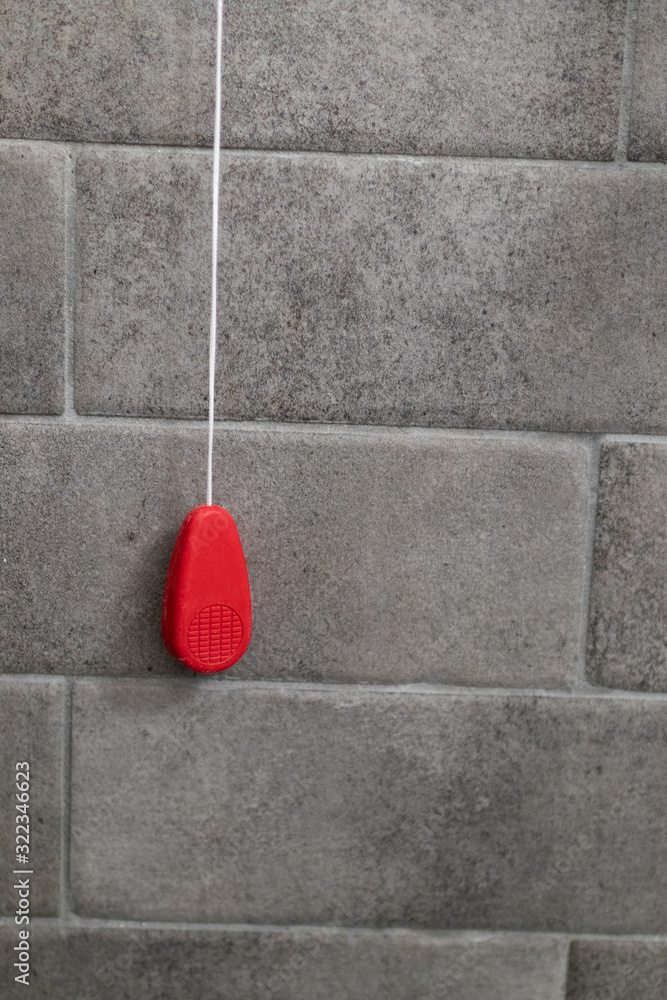 Shower emergency call system with red clip. Emergency cable in the ...