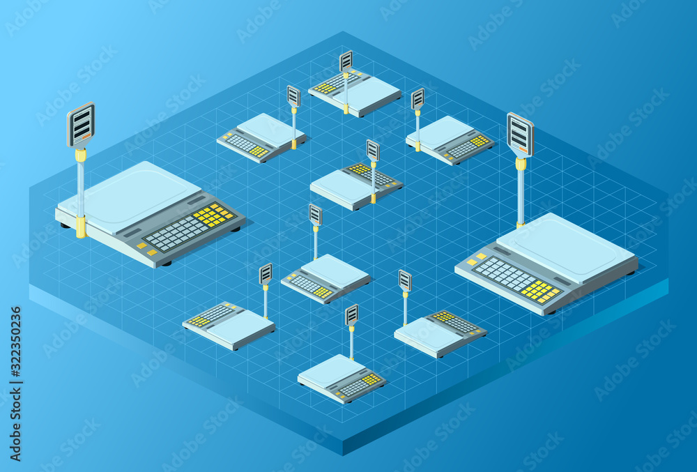 Food scales set. Isometric projection of scales. Different angles and ...