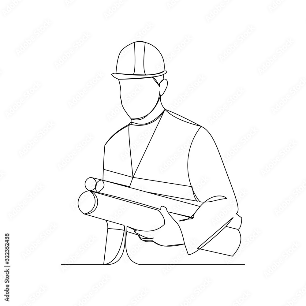 Continuous line drawing of cunstruction worker with blue print paper ...