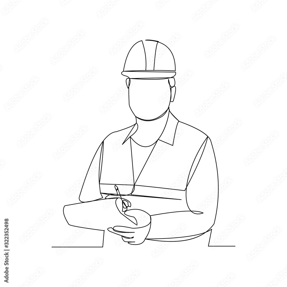Continuous line drawing of cunstruction worker with blue print paper ...
