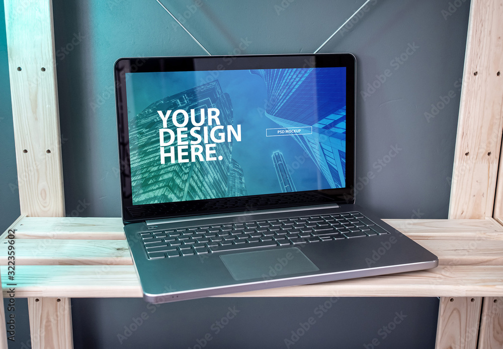 Modern Aluminum Laptop Mockup on Wooden Shelf Stock Template | Adobe Stock