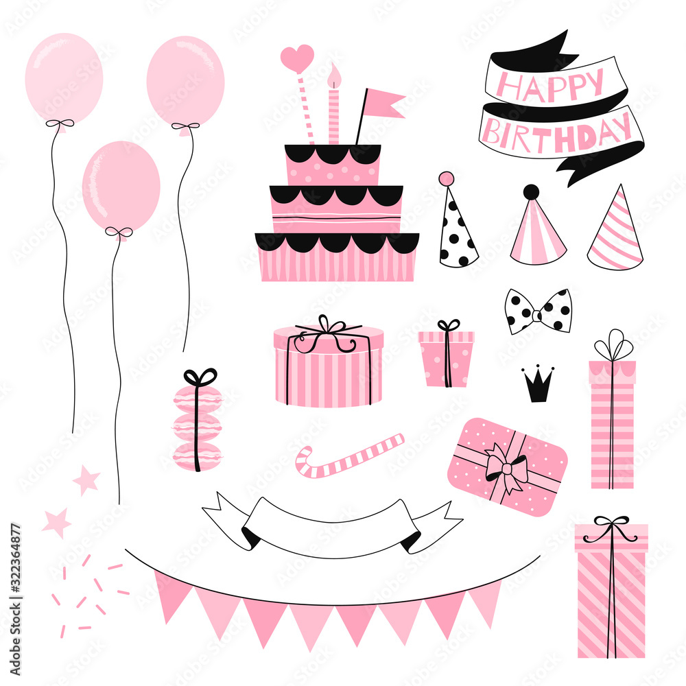 Candy Pink Birthday party essentials isolated on white background ...