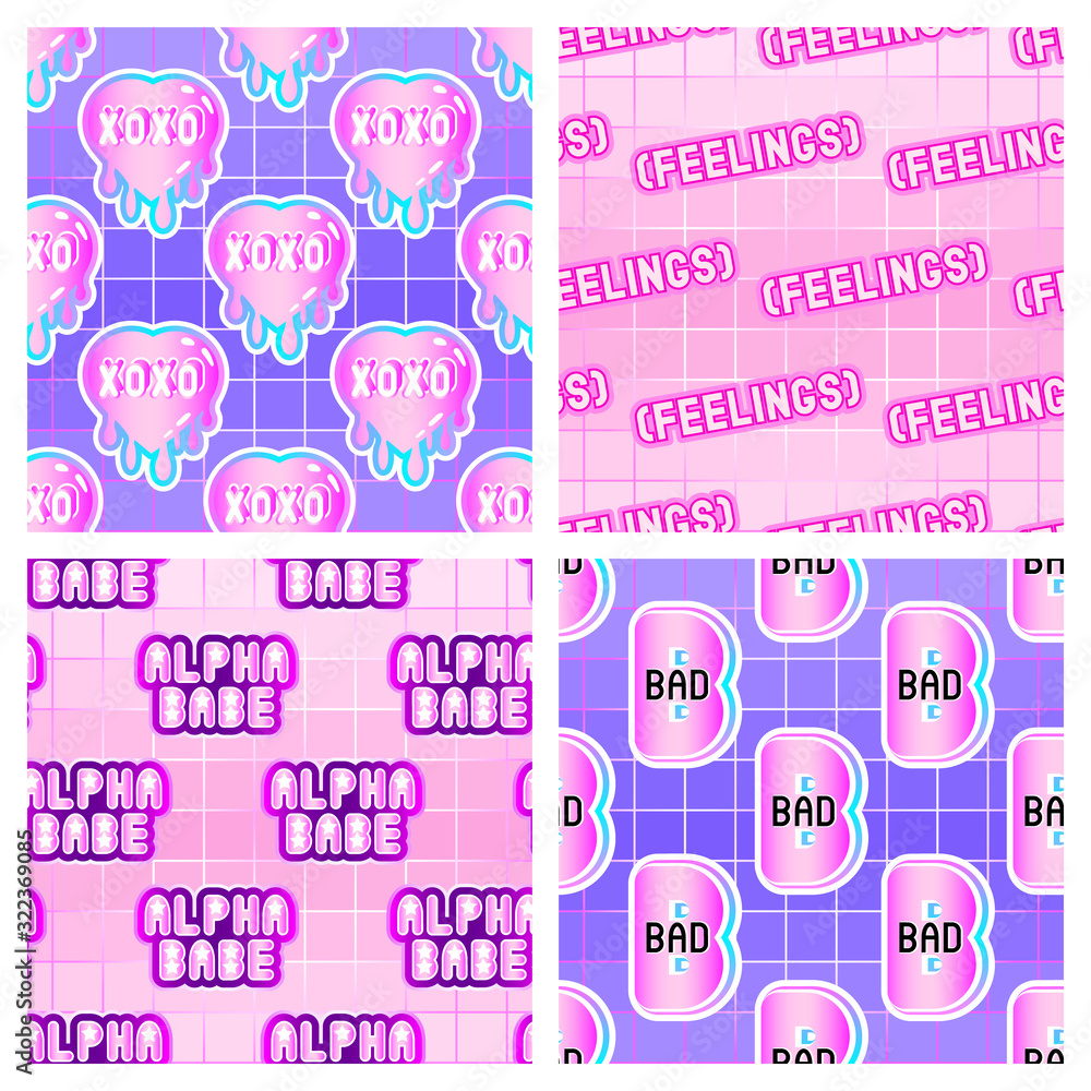 Set of 4 seamless patterns with pink patches. Vector wallpapers in ...