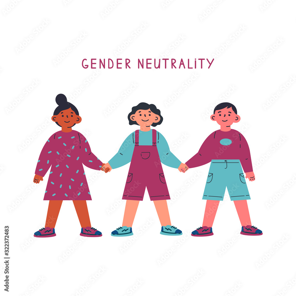 Gender neutral child clothing.Children standing together and holding ...