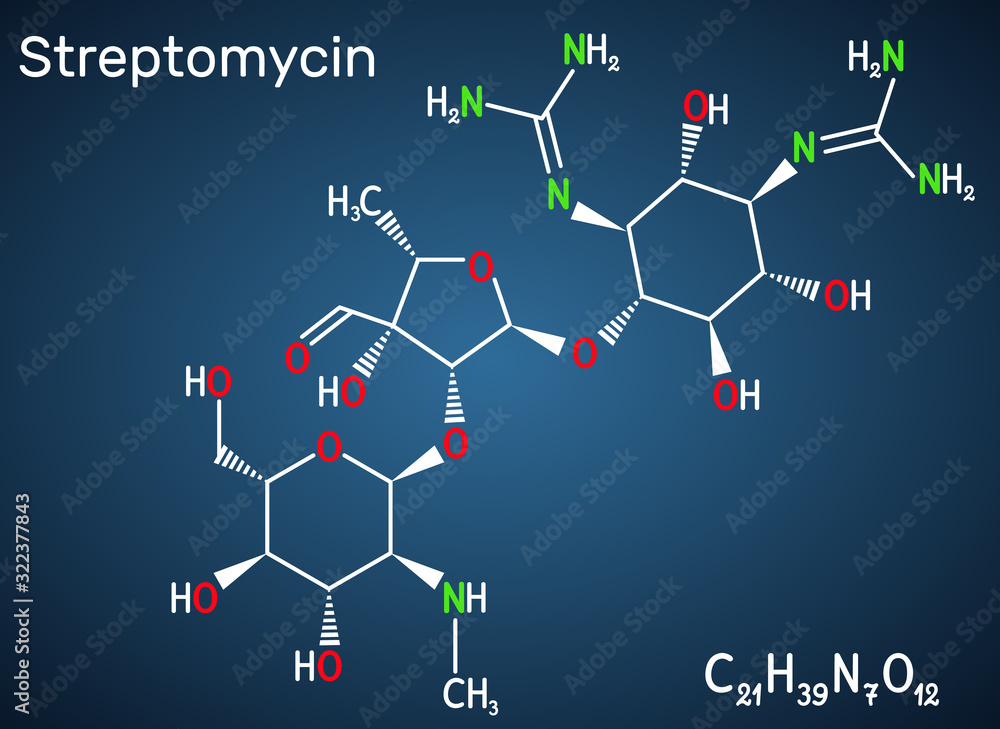 Streptomycin, C21H39N7O12 molecule. It is an aminoglycoside antibiotic ...