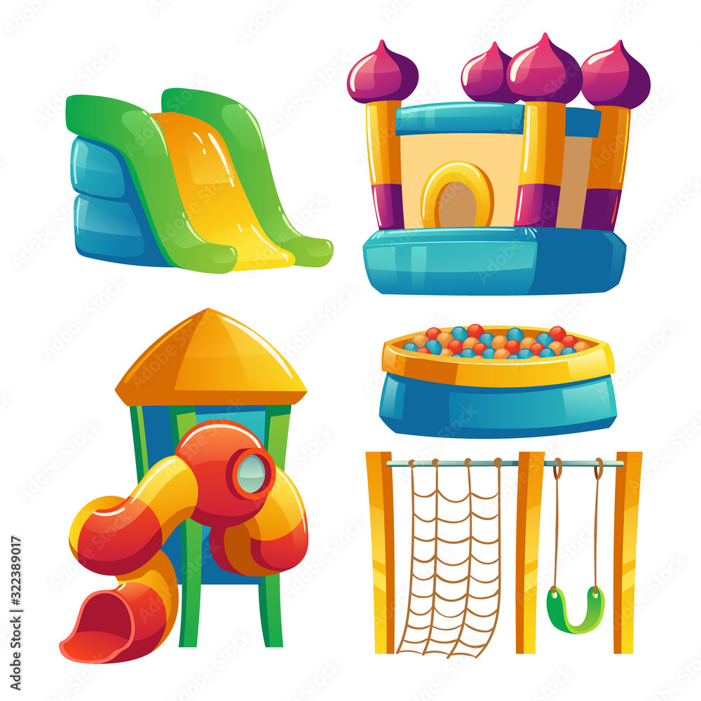 Kids playground in play park with inflatable trampoline and slide ...