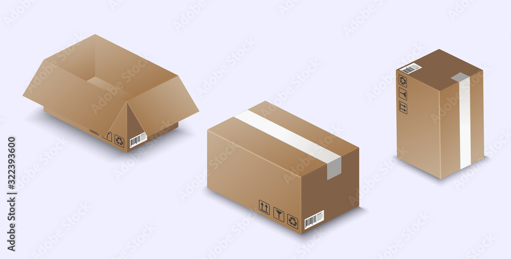 Opened and closed cardboard boxes isolated on a white background. Empty ...