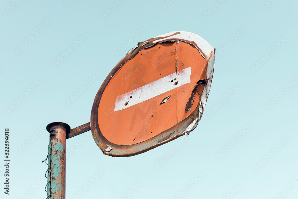 old rusty road sign no entry on sky background Stock Photo | Adobe Stock