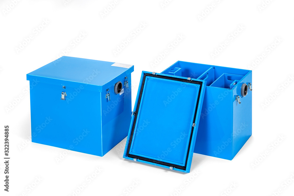 Box with blue fat trap system on white background. Stock Photo | Adobe ...