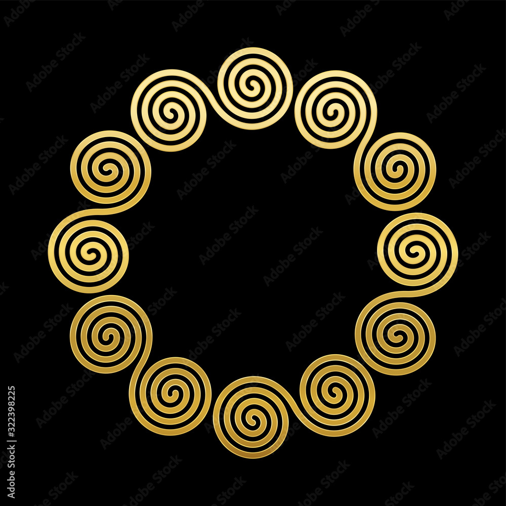 Double spiral frame, golden celtic meander circle. Interlocked combined ...