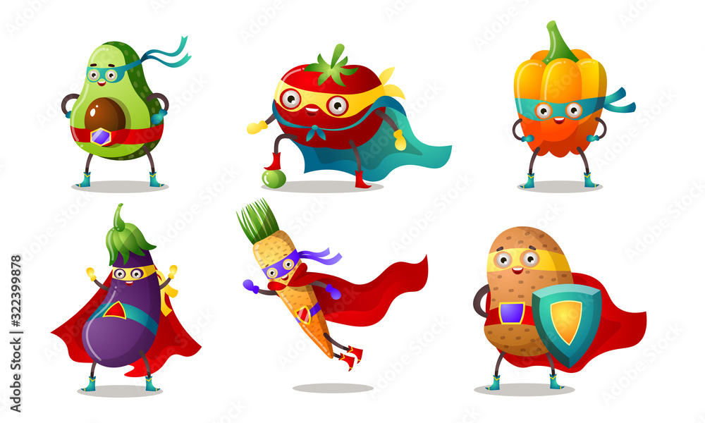 Set of superhero humanized vegetables in masks and capes. Vector ...