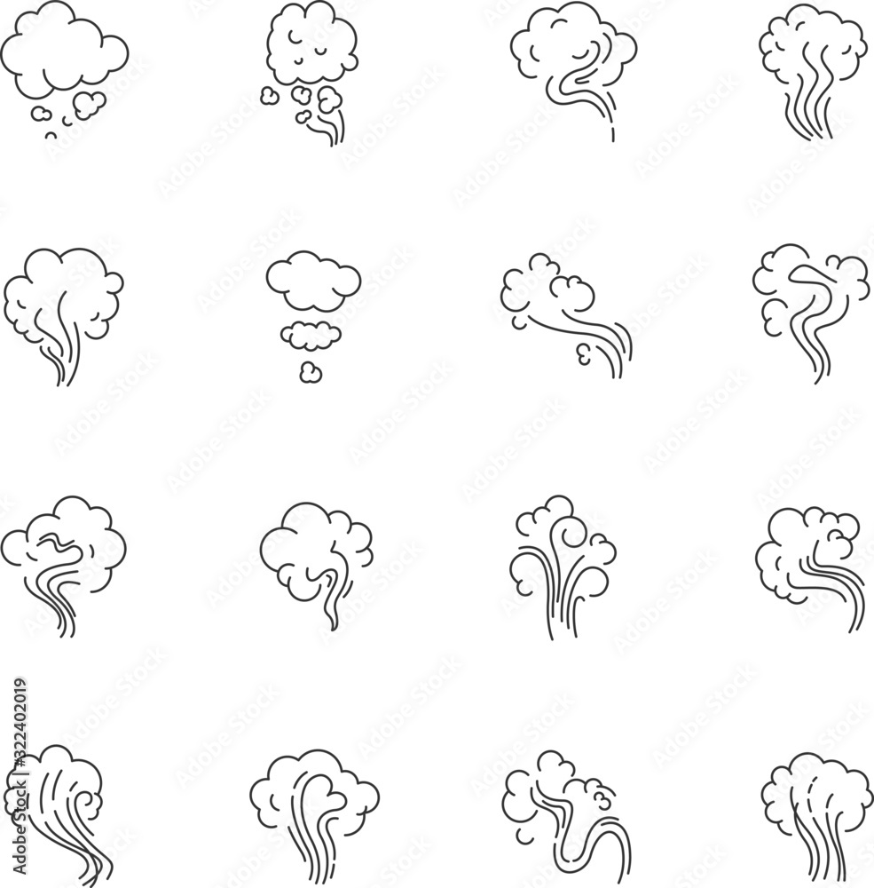Odor pixel perfect linear icons set. Emission, evaporation. Cigarette ...