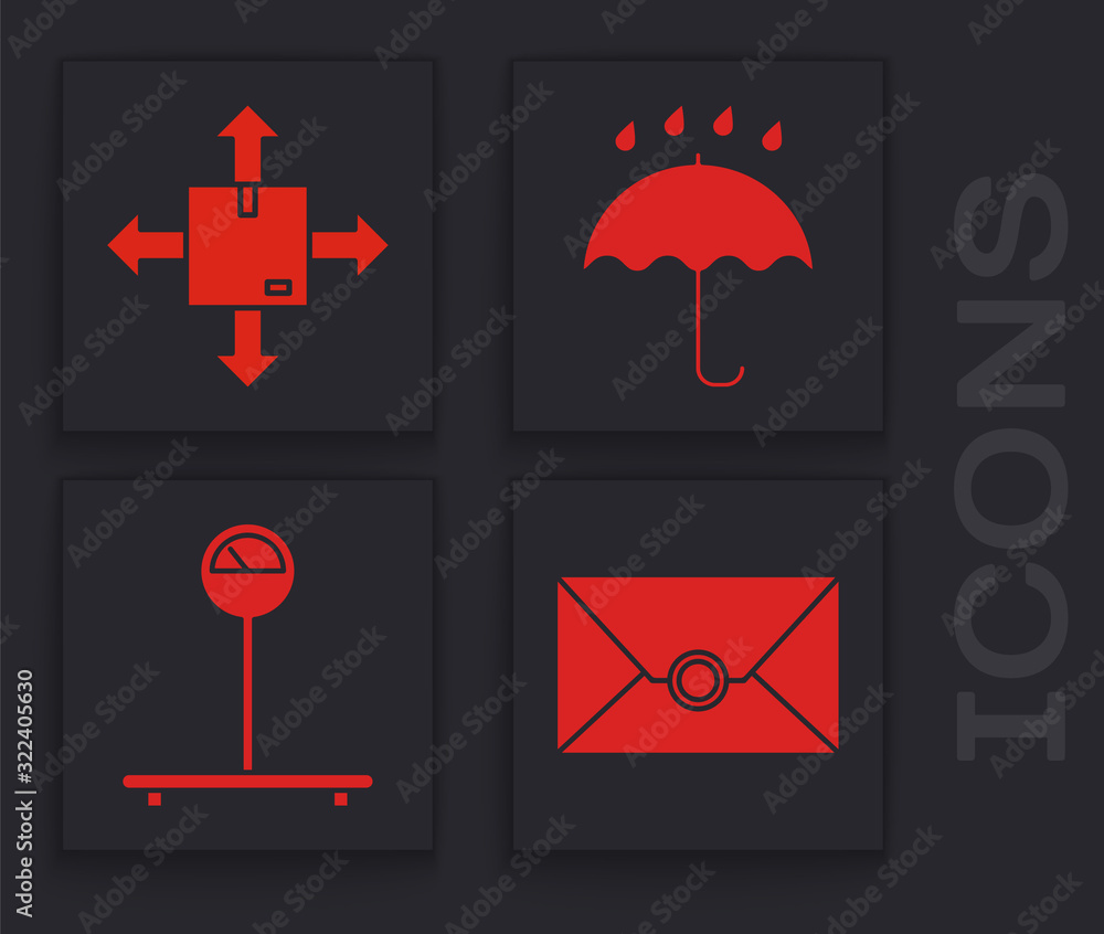 Set Envelope , Cardboard box with traffic symbol, Umbrella and rain drops and Scale icon. Vector ...