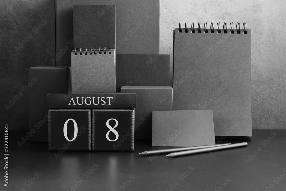 August 8th. Day 8 of month. Wood cube calendar with date month and day ...
