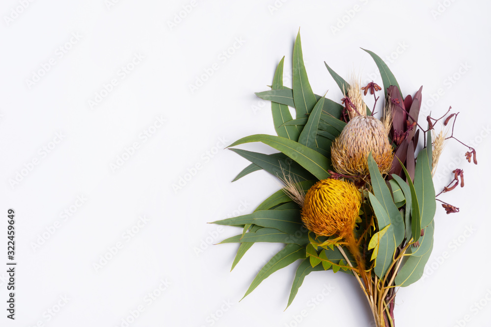 Beautiful flat lay floral arrangement of mostly Australian native ...