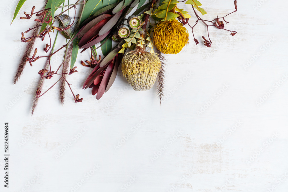 Beautiful flat lay floral arrangement of mostly Australian native ...