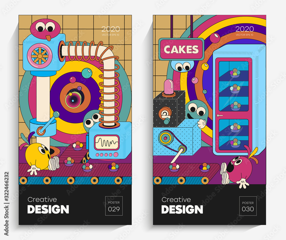 Bright cartoon illustrations with funny faces. The vector is suitable ...