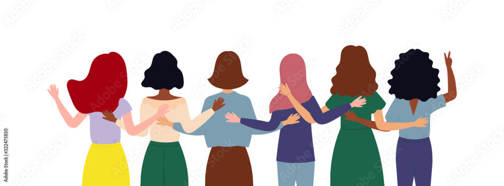 8 March Women's day. A group of women standing together and holding ...