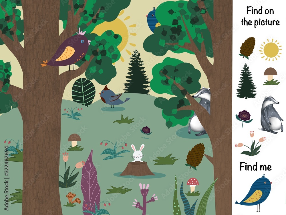 Find the differences. Find on the picture. Find objects. Forest ...