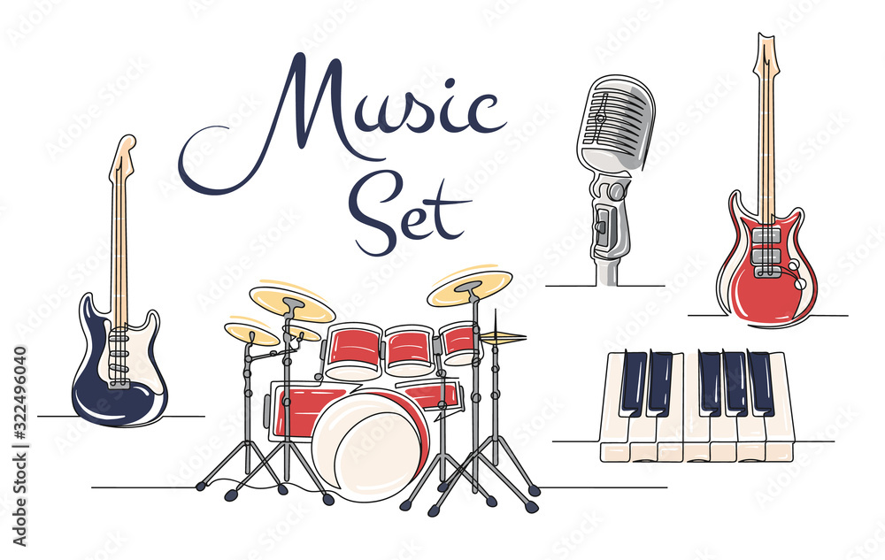 Set of continuous one line drawing of a musical instruments Stock ...