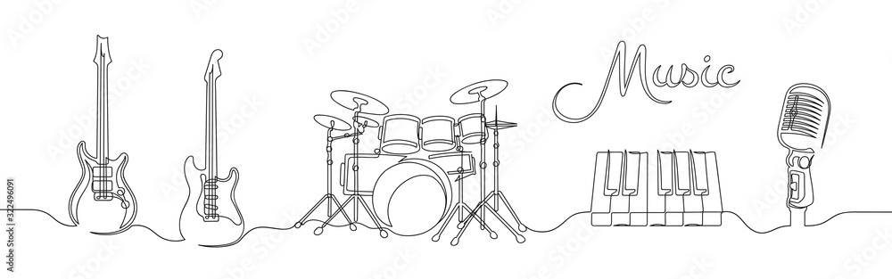 Set of continuous one line drawing of a musical instruments Stock ...