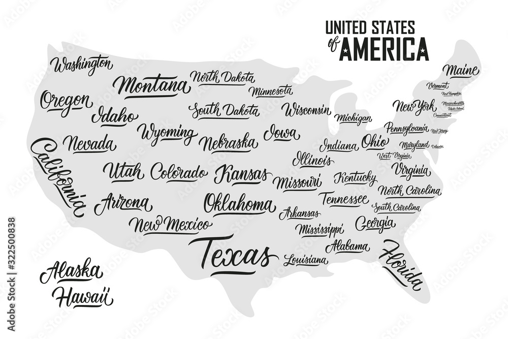 Set of states of United States of America. Big set of fifty hand drawn ...