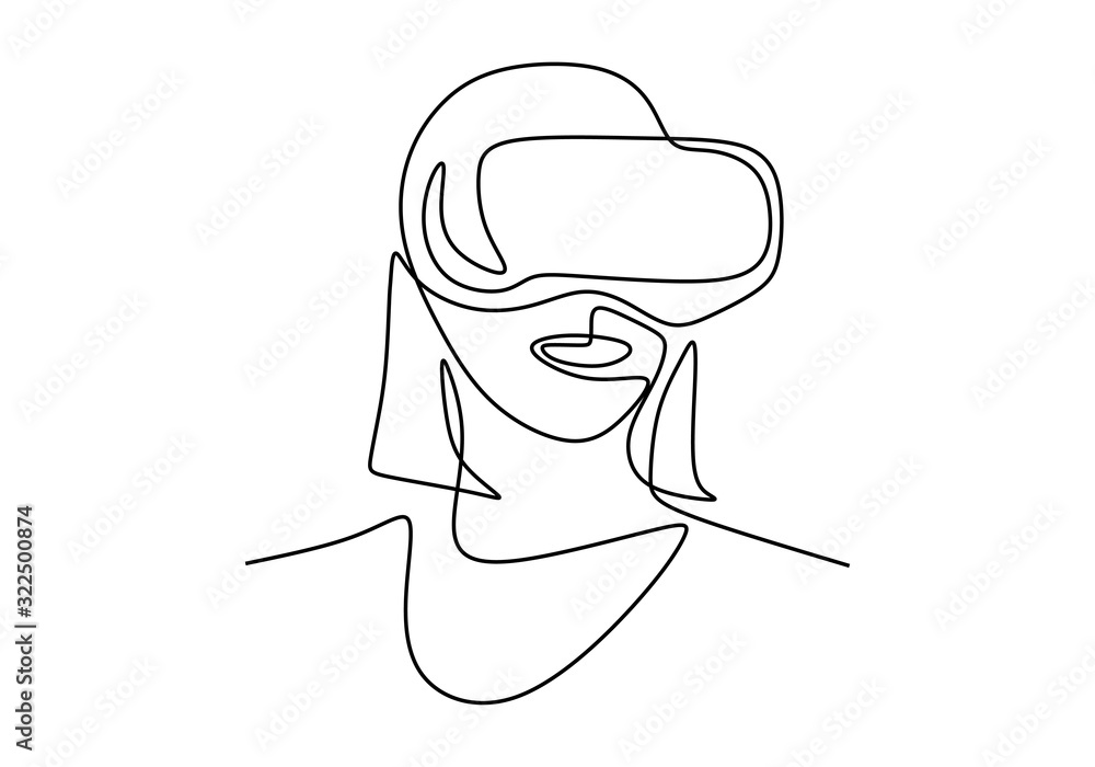 Continuous line drawing of girl wearing Virtual reality glasses. Vector ...