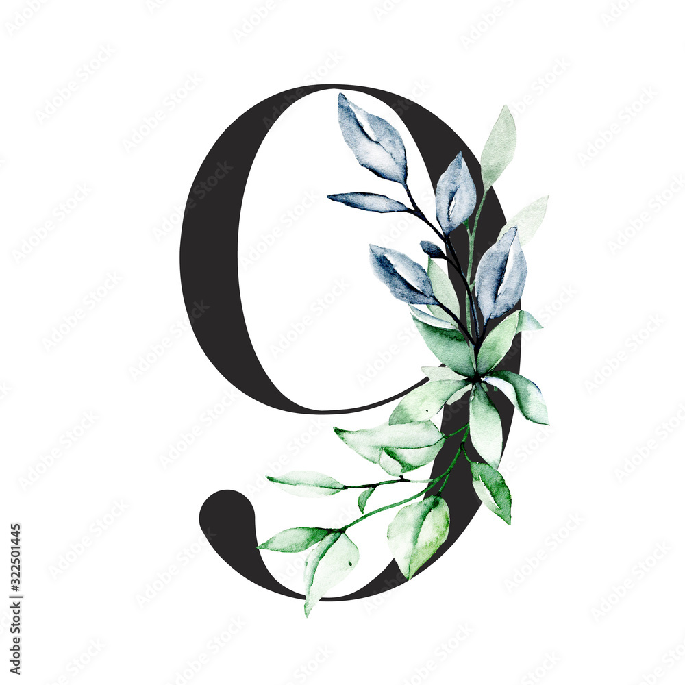 Number 9 with watercolor leaf. Perfectly for wedding, birthday ...