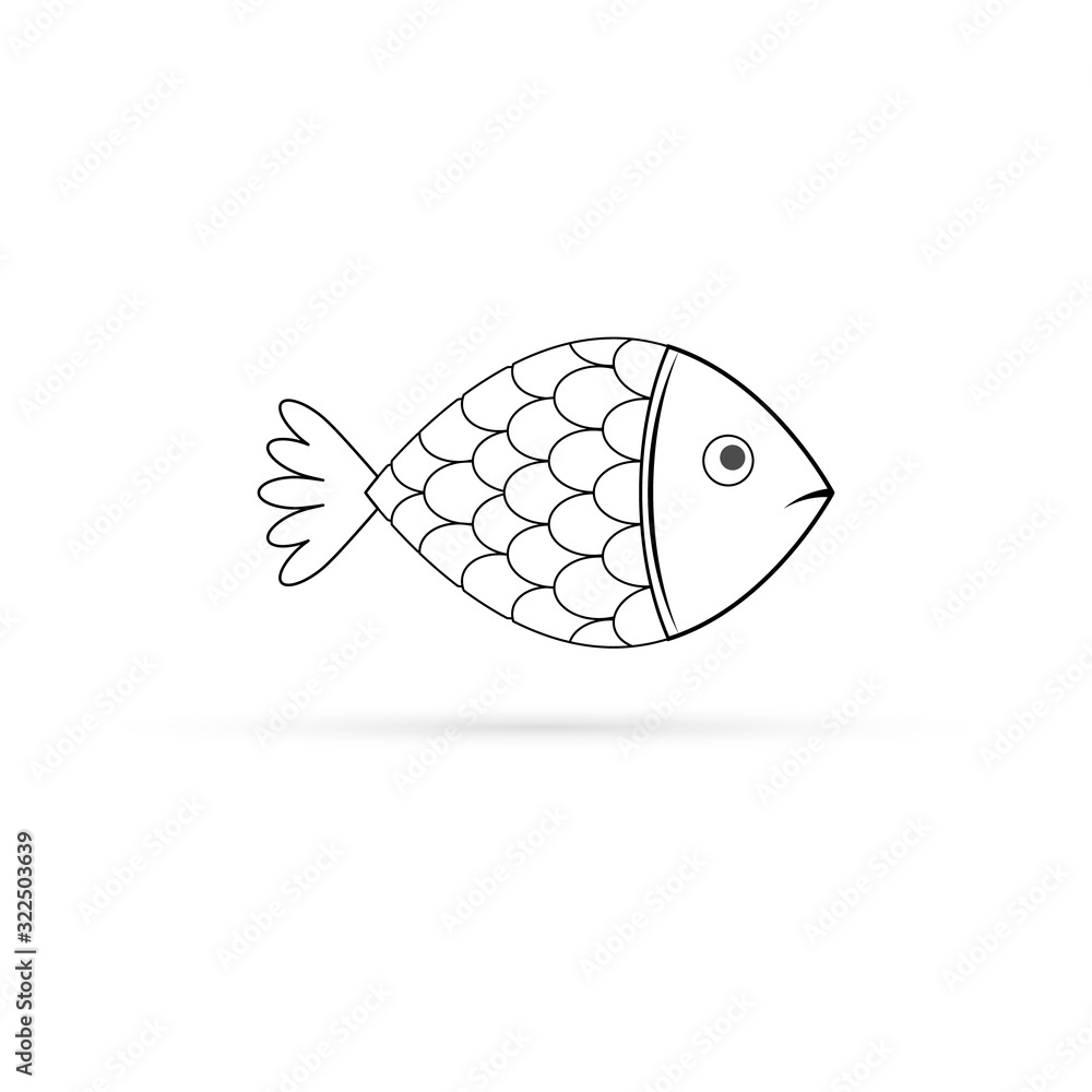 Doodle fish icon isolated on white. Seafood symbol. Logo template. Kids ...