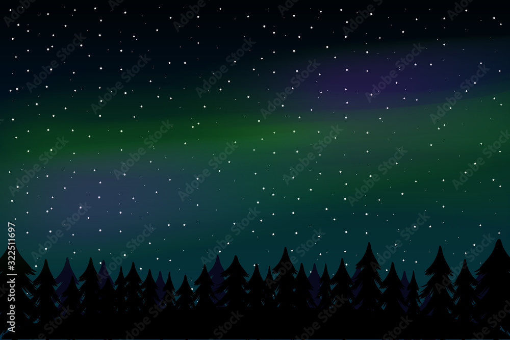 Northern lights. Night shining starry sky with star and forest. Blue ...