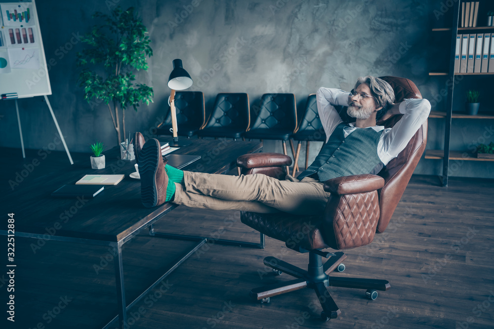 Full size photo of positive old man pensioner start-up company owner ...