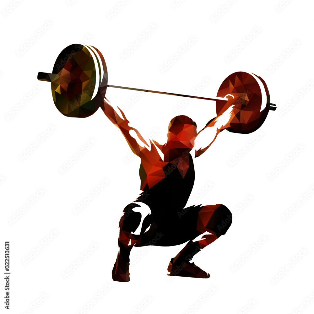 Weightlifter lifting big barbell, isolated low polygonal vector ...