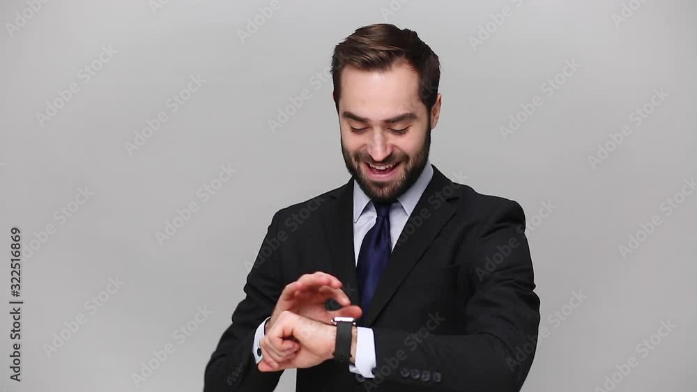 Successful bearded young business man in classic black suit shirt tie ...