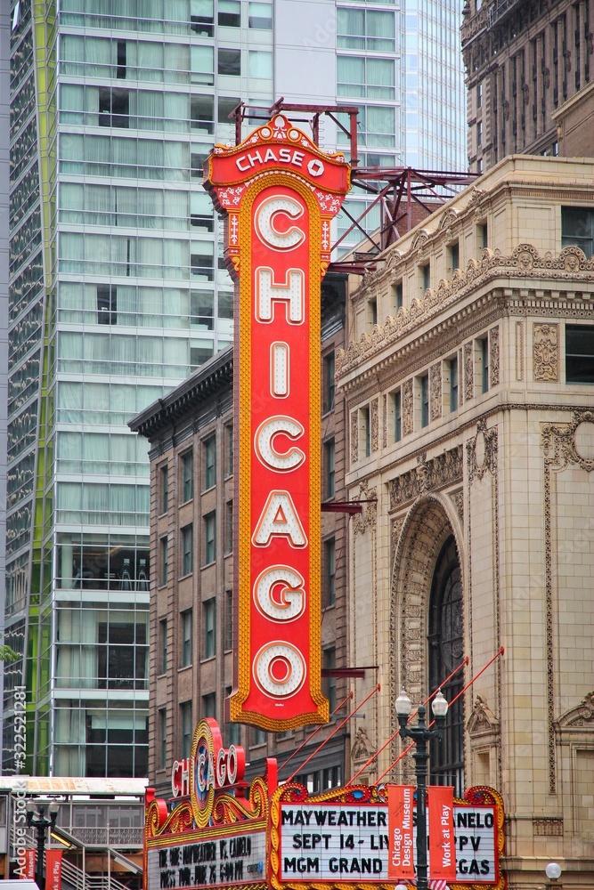 CHICAGO, USA - JUNE 26, 2013: Chicago Theatre sign. Chicago Theatre was ...
