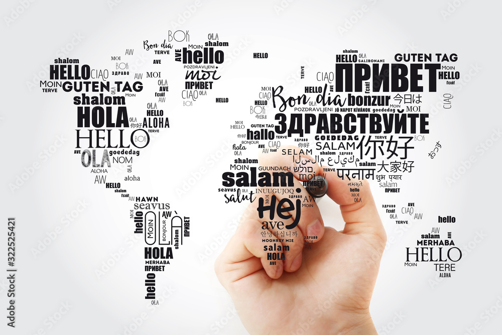 Hello in different languages word cloud, concept background Stock Photo ...