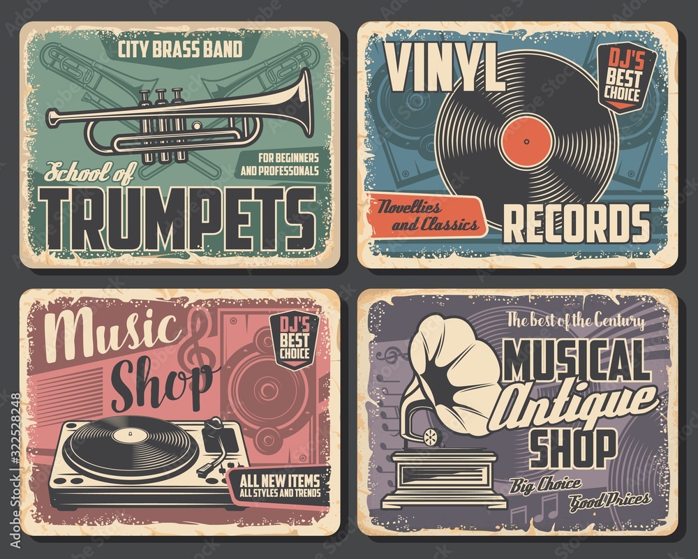 Trumpet and trombone vector brass music instruments, vinyl records and ...
