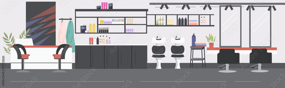 modern hair salon with chairs mirrors reception desk and barber ...