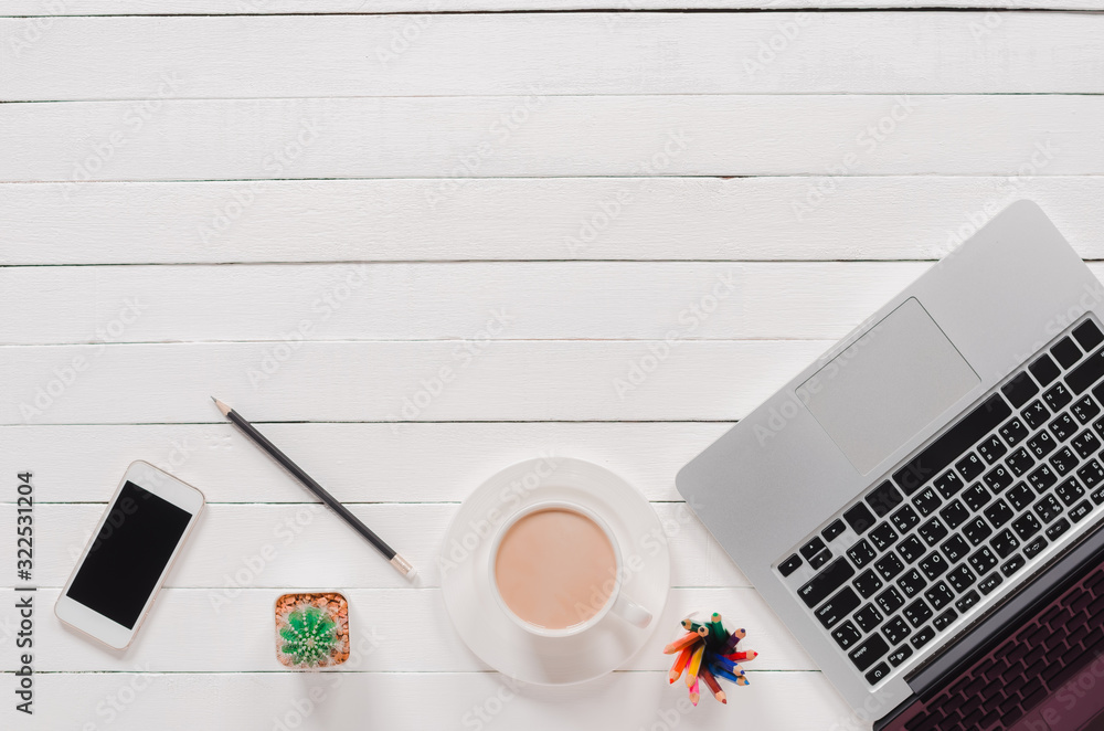 Office stuff and it gadgets display on top view business desk with copy ...